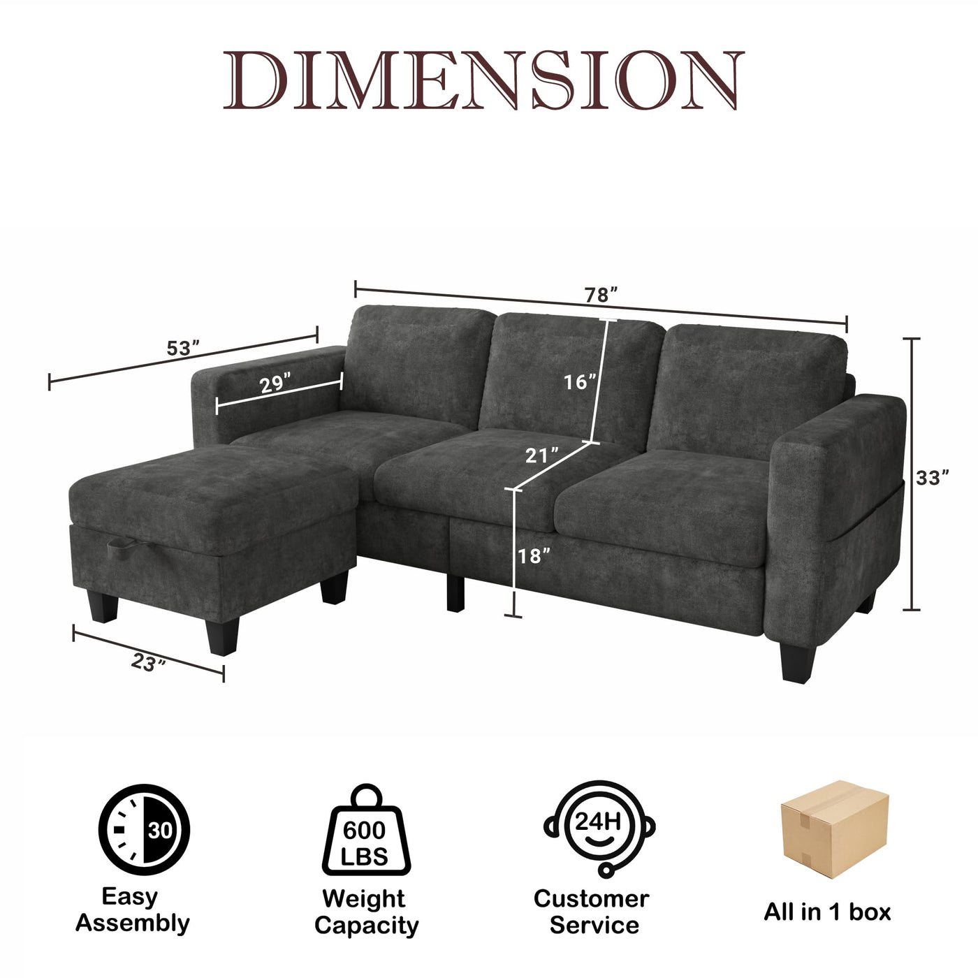 Couch for Living Room - Small Space Couches Sectional L-Shaped Sofa, 3