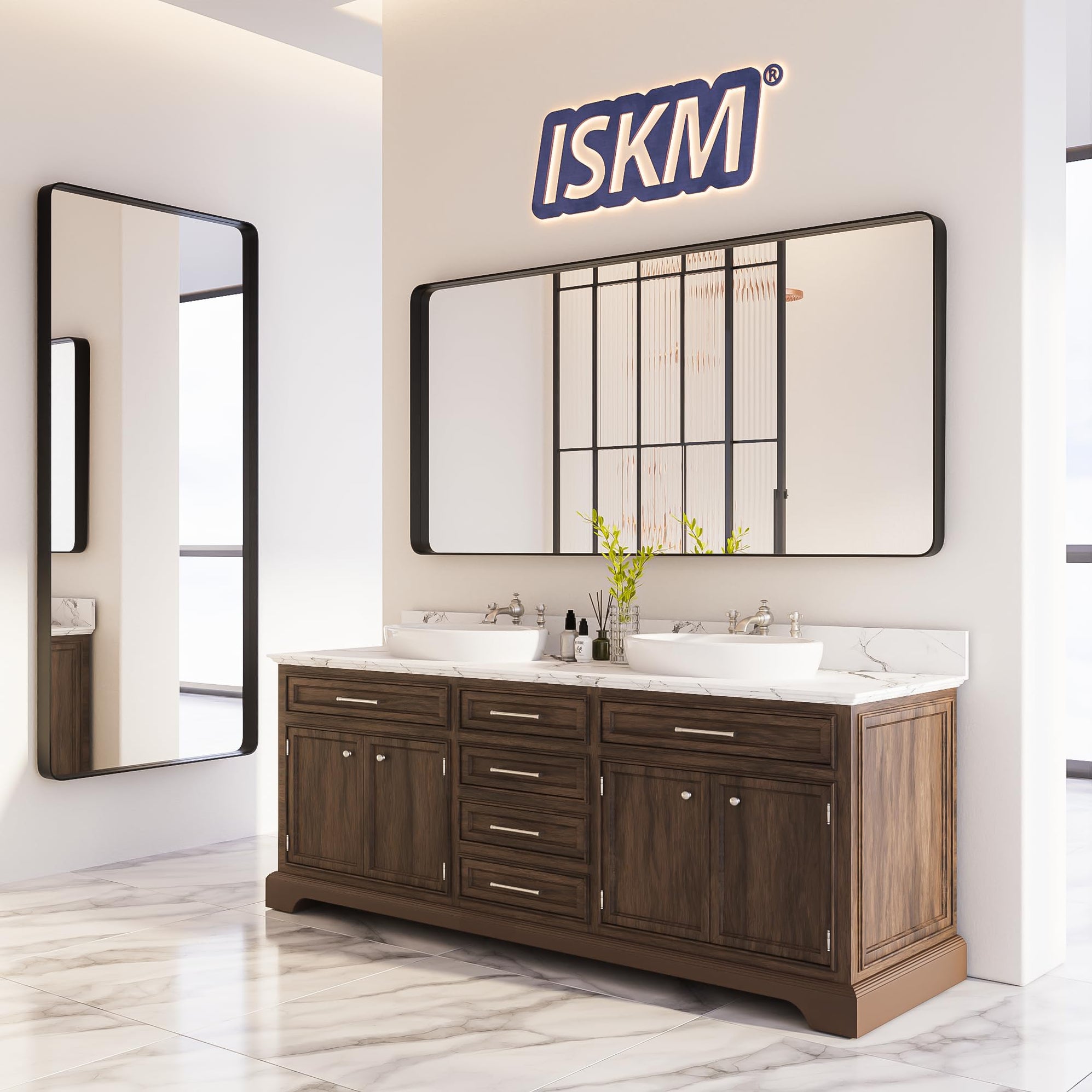 ISKM Black Bathroom Mirror for Wall 40" x 36" Matte Black Framed Vanit