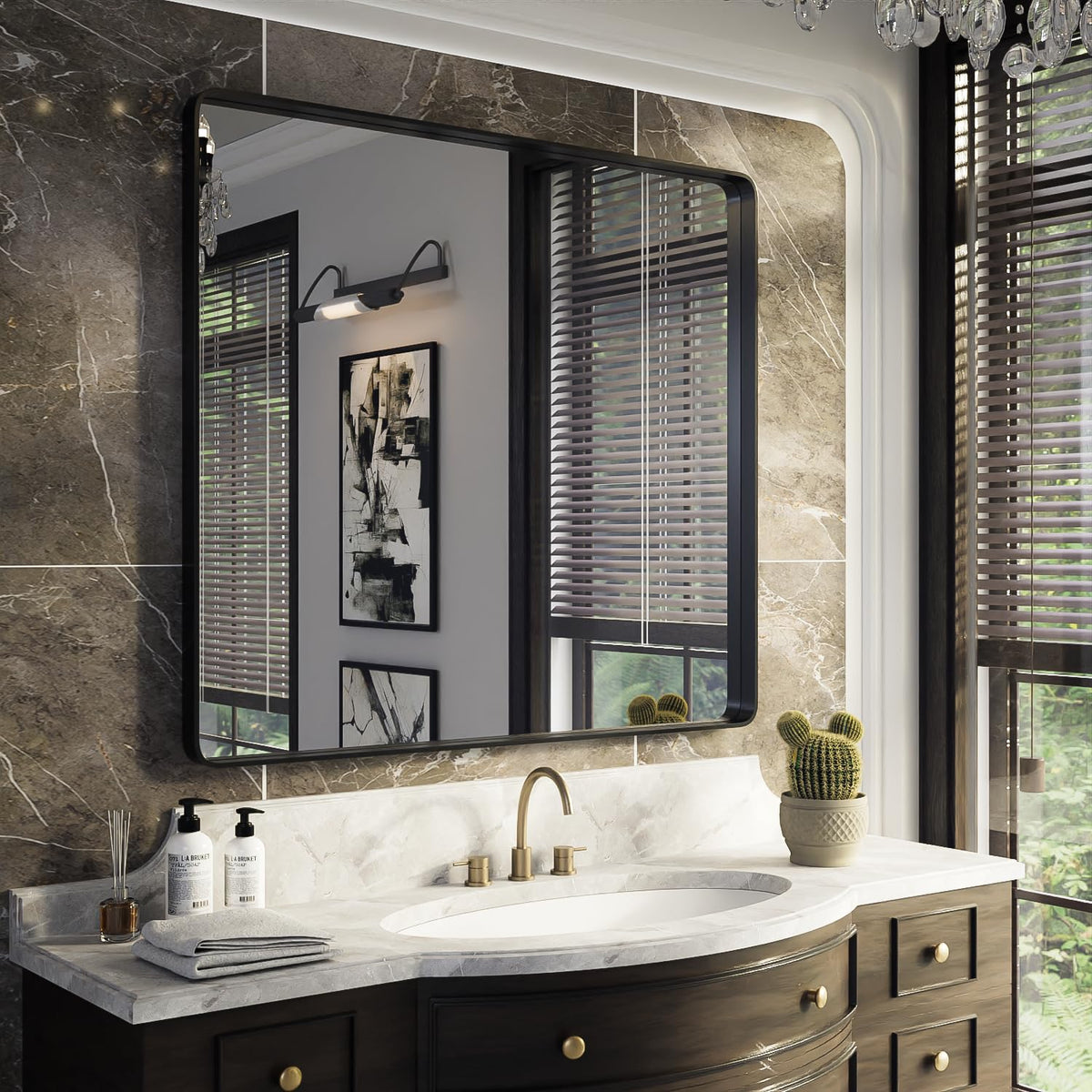 ISKM Black Bathroom Mirror for Wall 40" x 36" Matte Black Framed Vanit