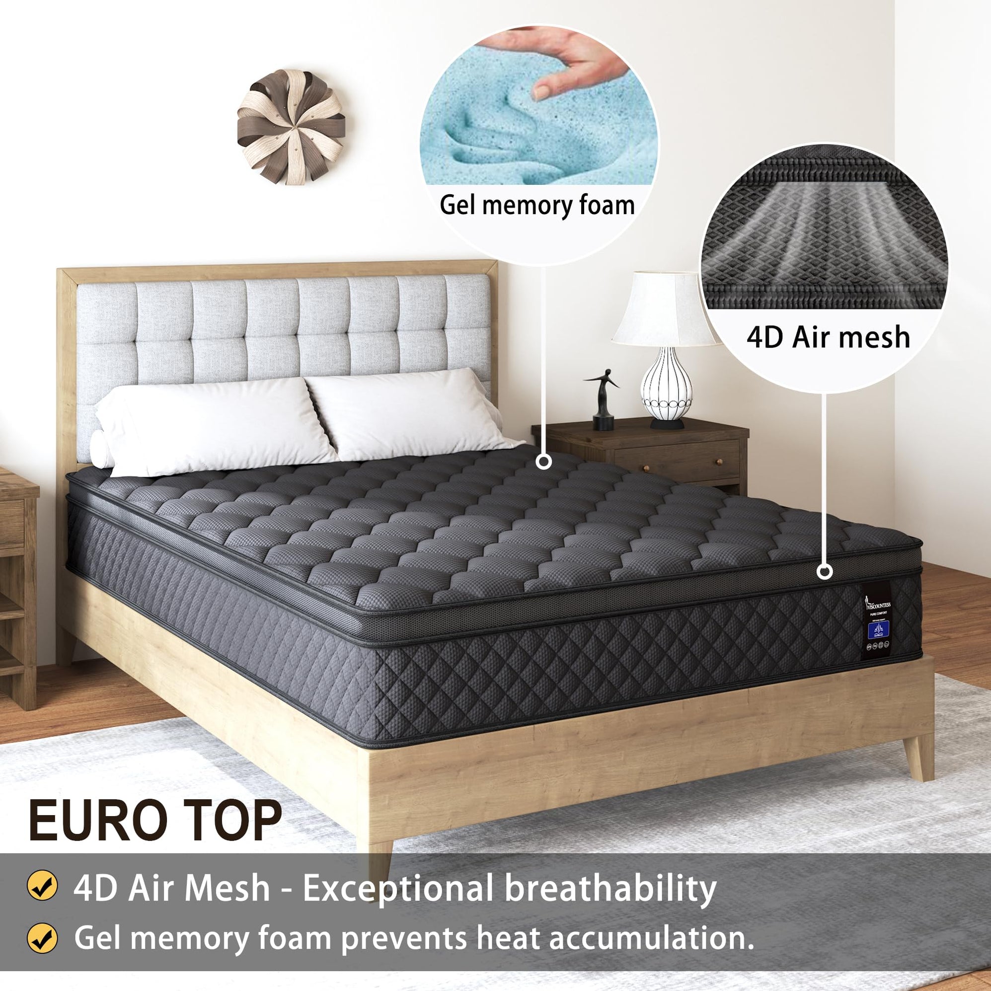 VISCOUNTESS Queen Mattress, 12 Inch Hybrid Mattress Black, Euro Top Ma