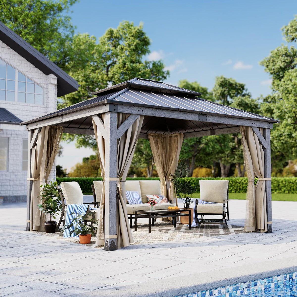 SUNBURY 10'x12' Outdoor Cedar Wood Gazebo, 2-Tier Metal Hardtop Wooden