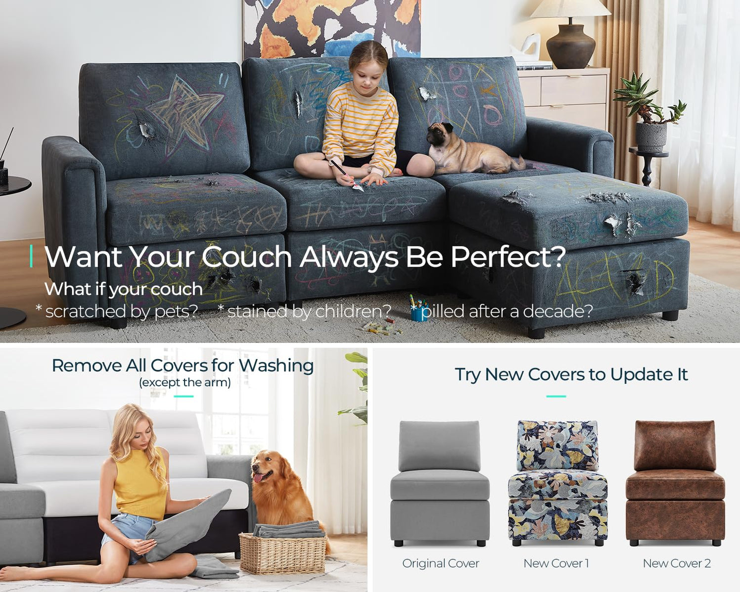 LINSY HOME Modular Sectional Sofa, Convertible U Shaped Sofa Couch wit