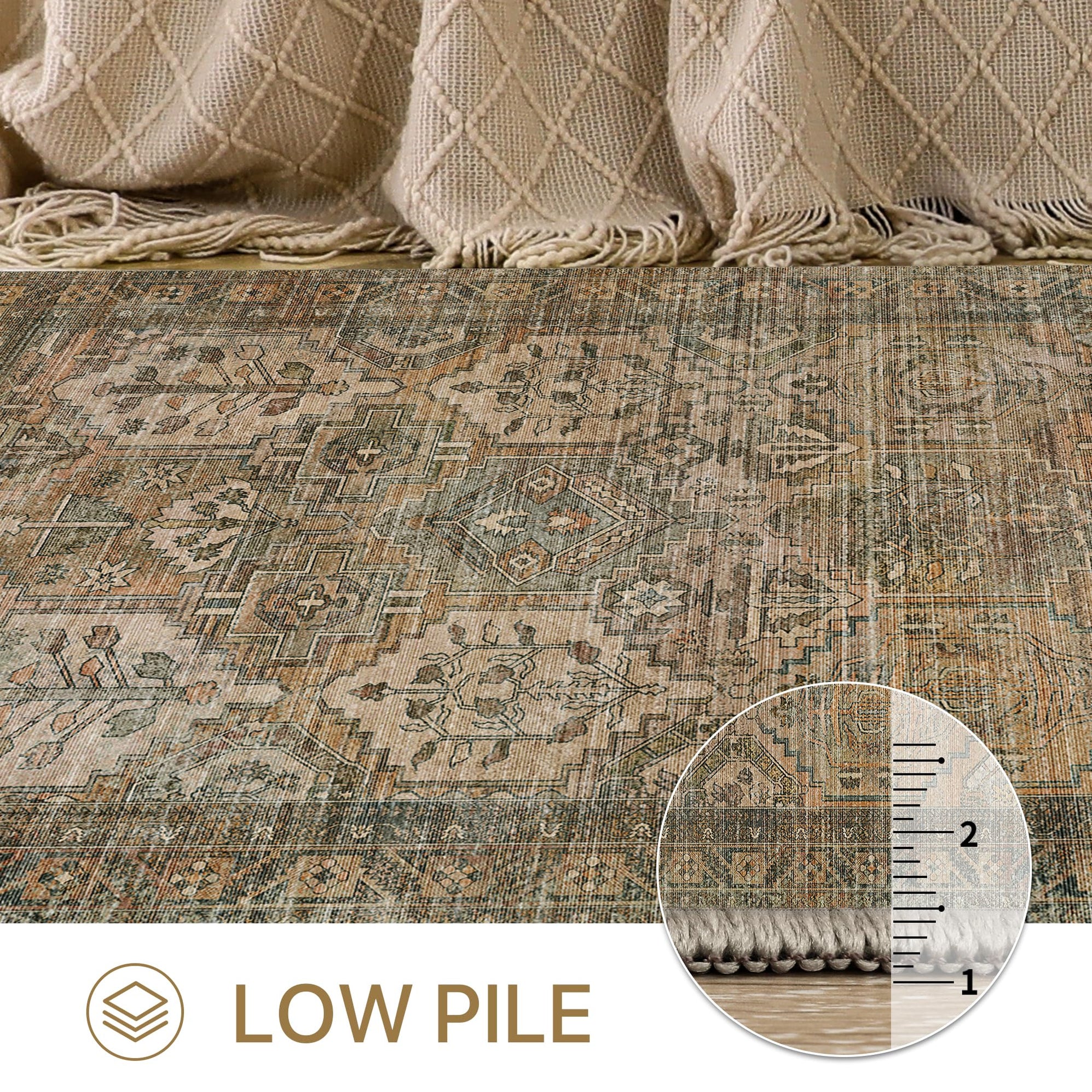 Bavni Area Rug 8x10 Machine Washable Vintage Distressed Print Ultra-Th