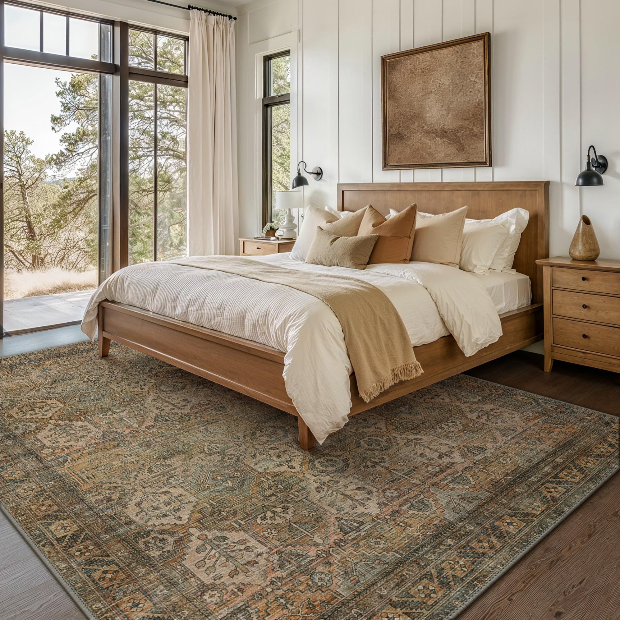 Bavni Area Rug 8x10 Machine Washable Vintage Distressed Print Ultra-Th