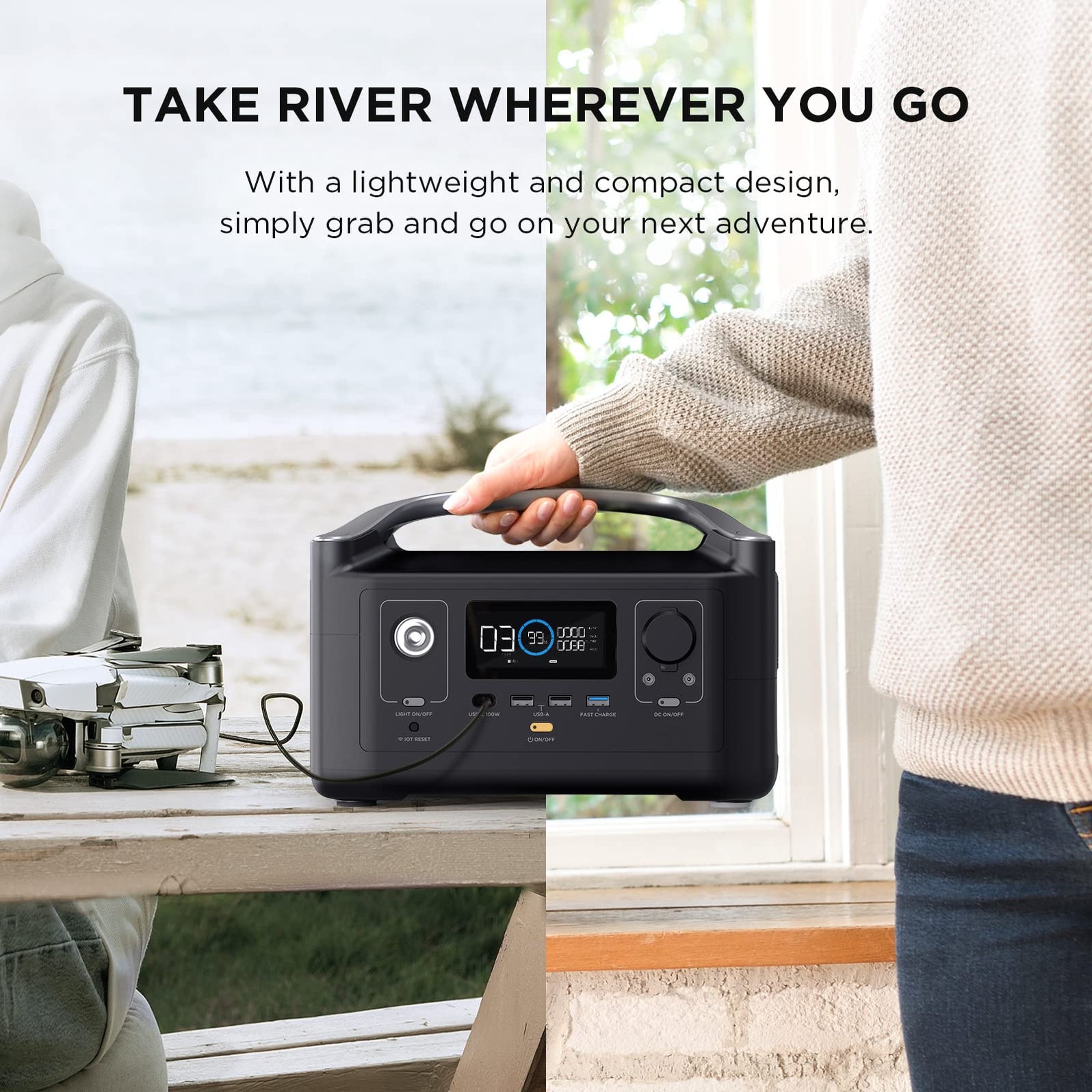 EF ECOFLOW RIVER 288Wh Portable Power Station,3 x 600W(Peak 1200W) AC