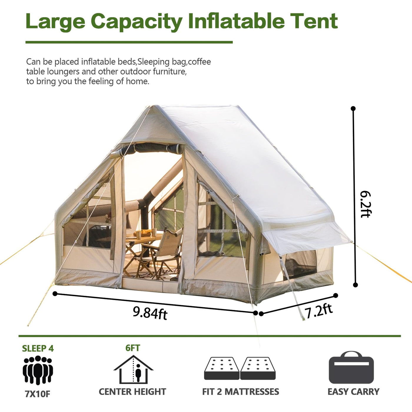 4-6 Person Inflatable Cabin Camping Tent with Canopy, Picnic Blanket