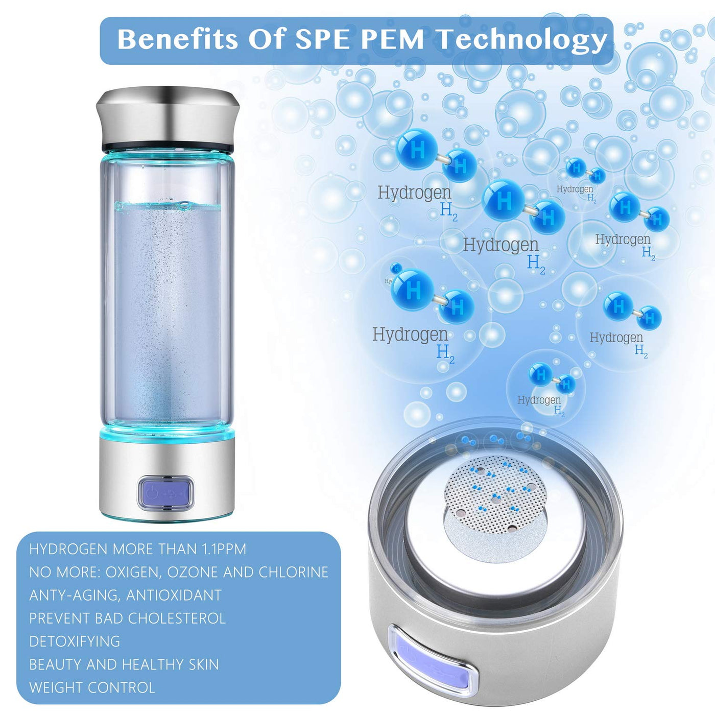 LevelUpWay - Glass Hydrogen Generator Water Bottle SPE PEM Technology